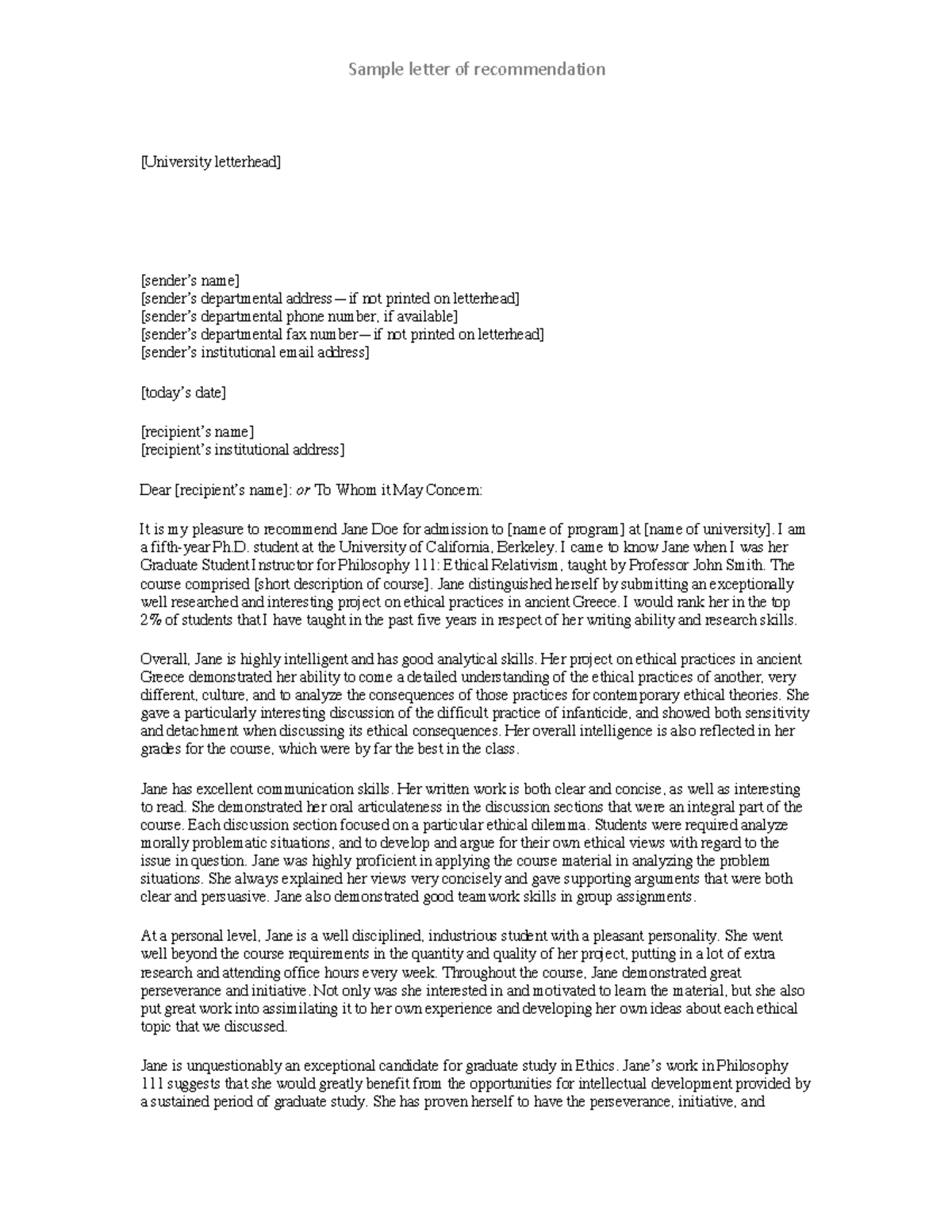 Sample Letter of Recommendation for Philosophy 111 - Studocu