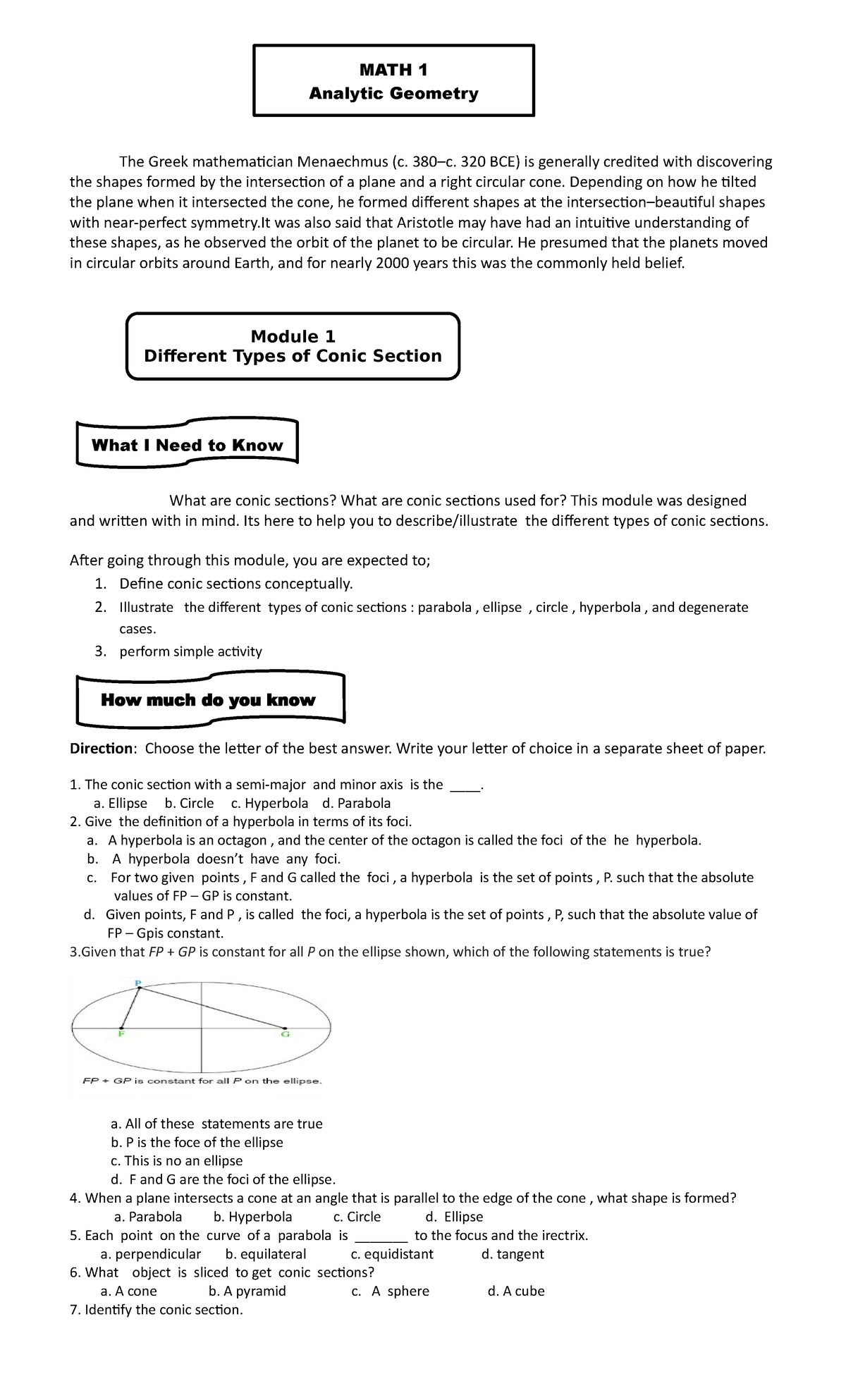 Module 1 conic section - Pre-calculus - The Greek mathematician ...