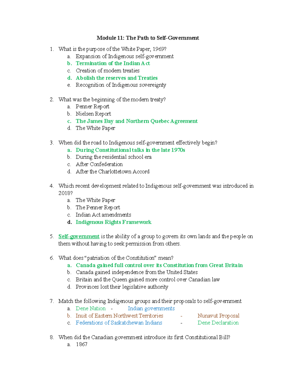 Module 11: Quiz Questions on Indigenous Rights and Treaties - Studocu