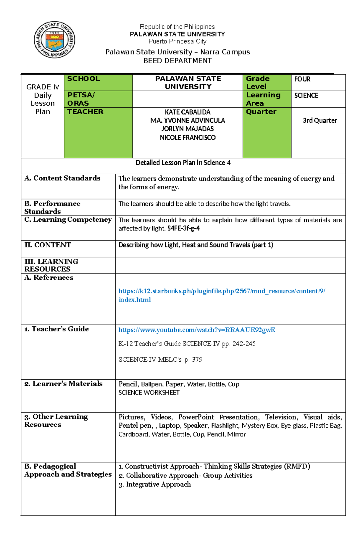 DLP-SCI-4: Detailed Lesson Plan on Light Energy for Grade IV - Studocu