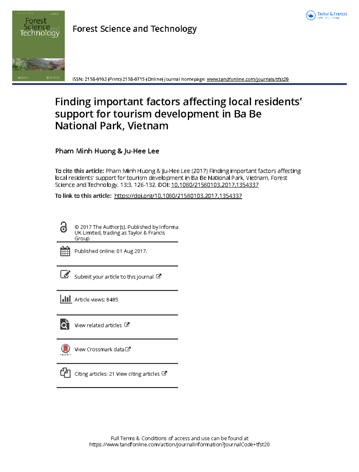 Factors Influencing Local Support for Tourism in Ba Be NP, Vietnam ...