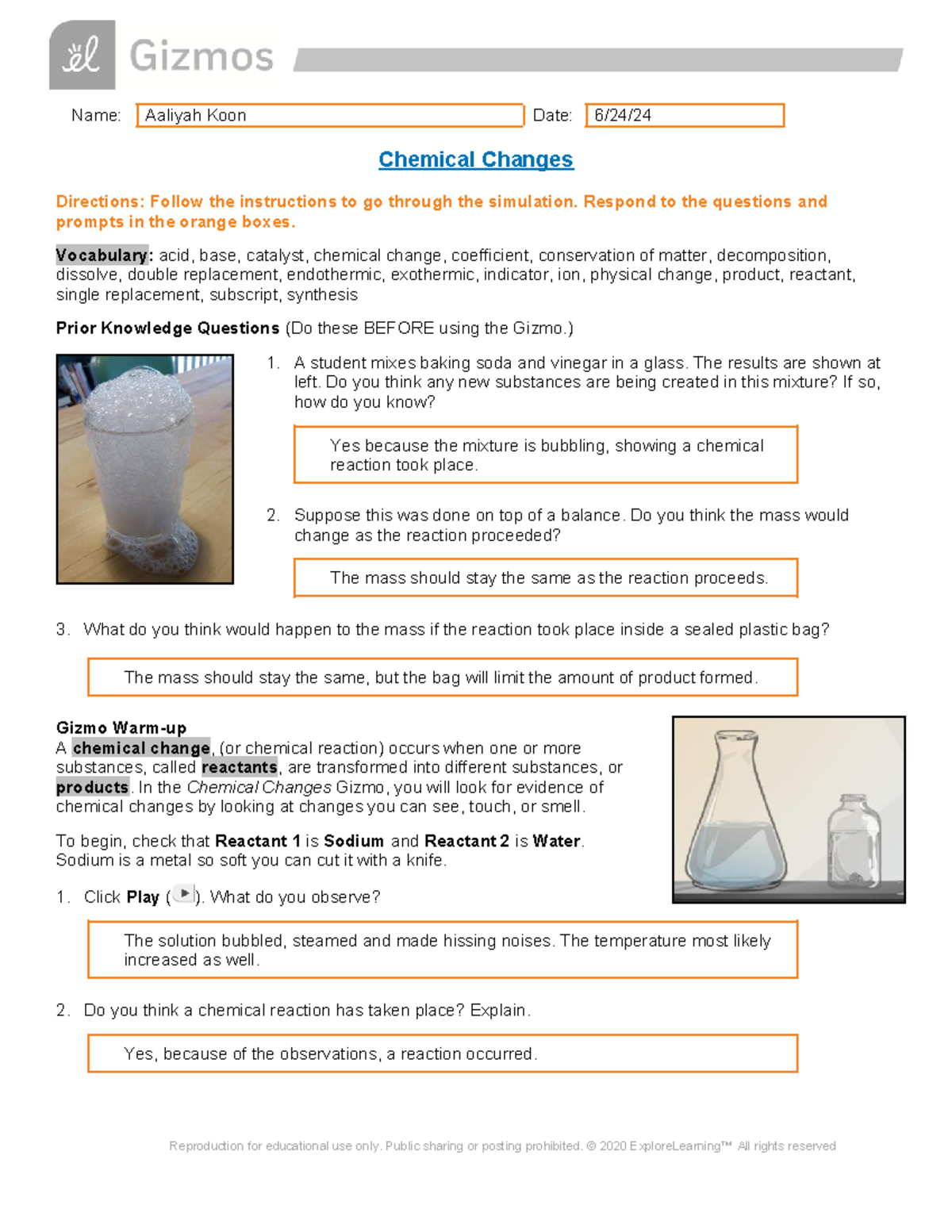 Chemical Changes Lab Gizmo - Chemistry 1 SE Guide - Studocu