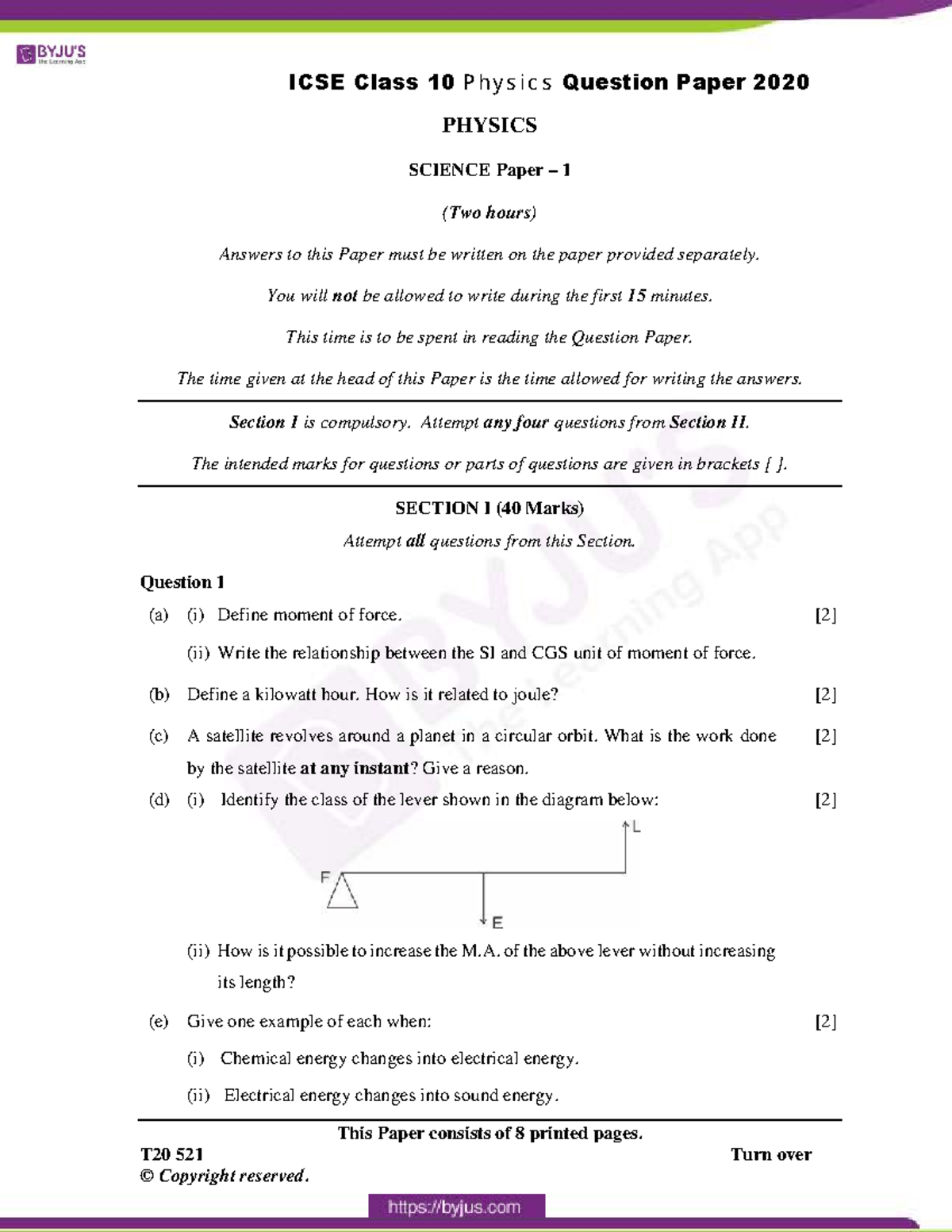 ICSE Class 10 Physics Question Paper 2020 - Paper 1 - Studocu