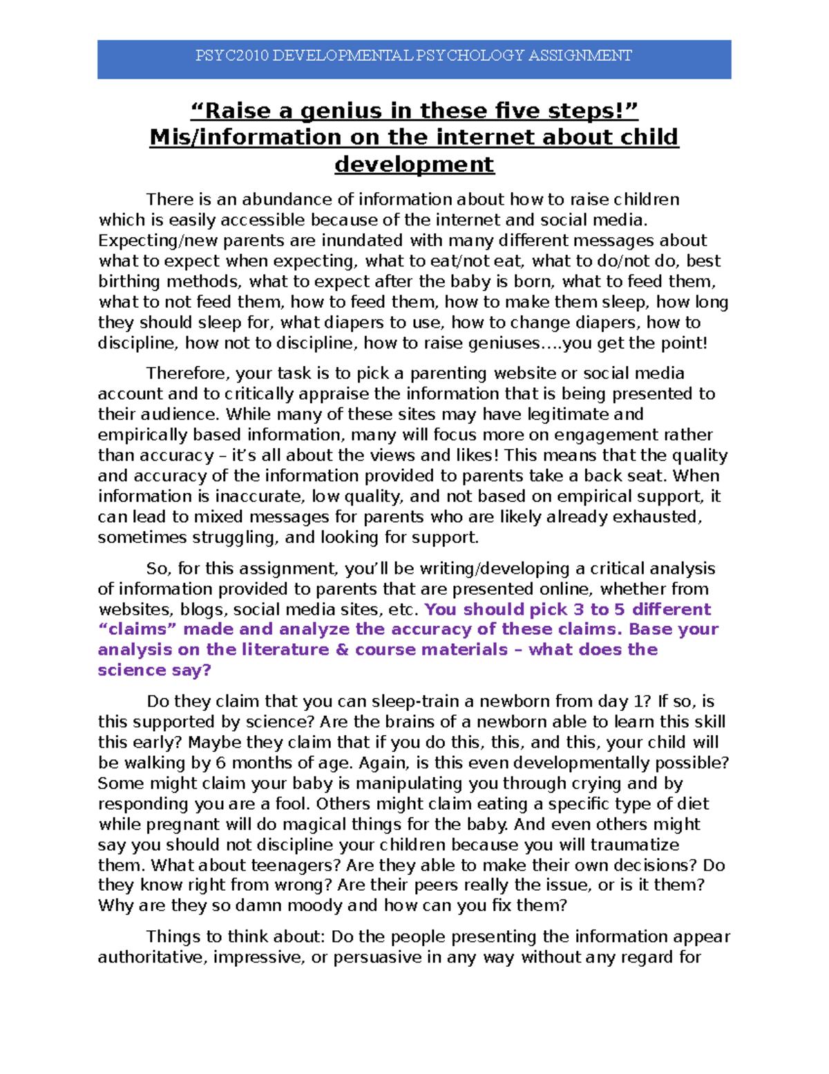 Psyc2010 Developmental Psychology Assignment Instructions - “Raise a ...