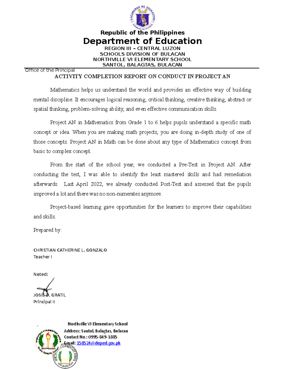 Activity Completion Report ON Conductin Project AN - Republic of the ...