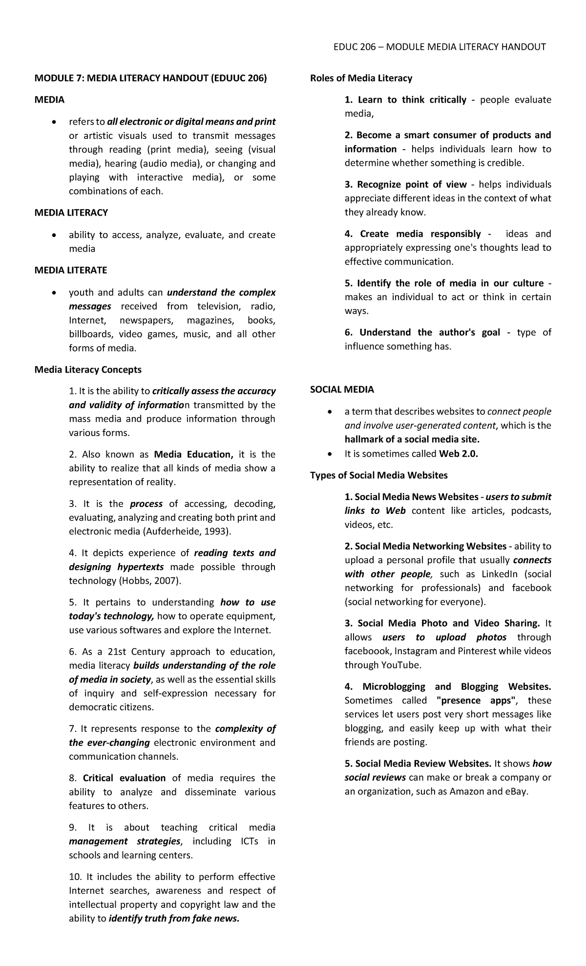 EDUC 206 Media literacy handout: Understanding media's role and impact ...