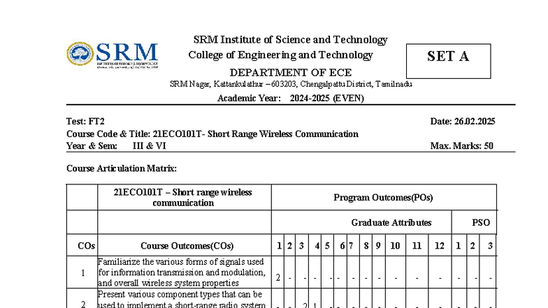 21ECO101T Short Range Wireless Communication CT1 QP Set A - Studocu