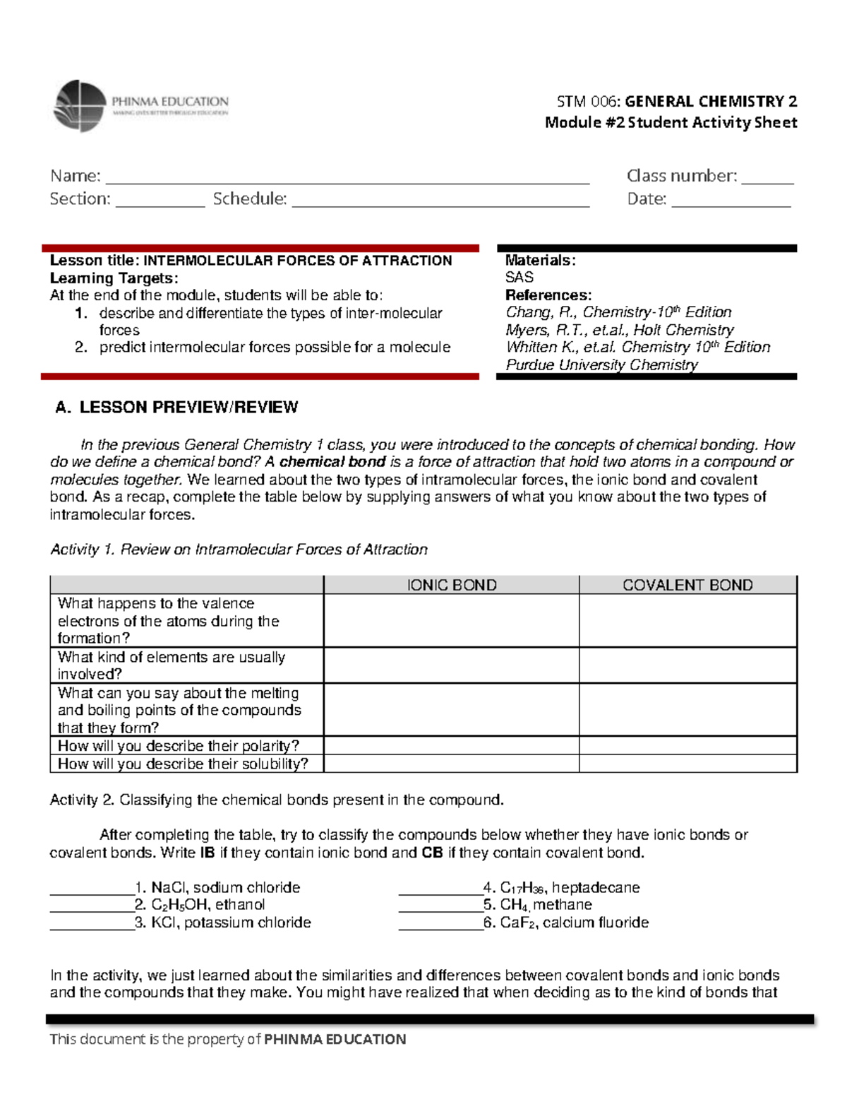 STM 006 Gen Chem 2 SAS 2 - Module # 2 Student Activity Sheet Name ...