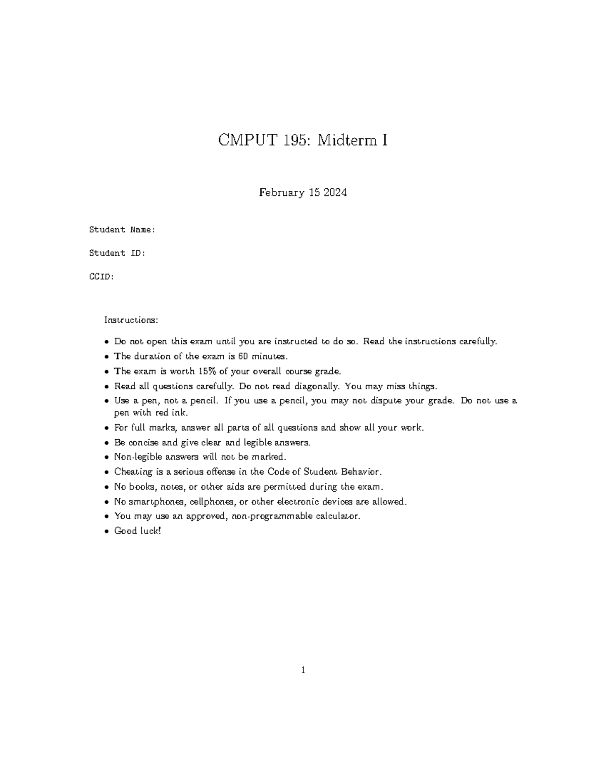 CMPUT 195: Practice Midterm Exam - February 15, 2024 - Studocu