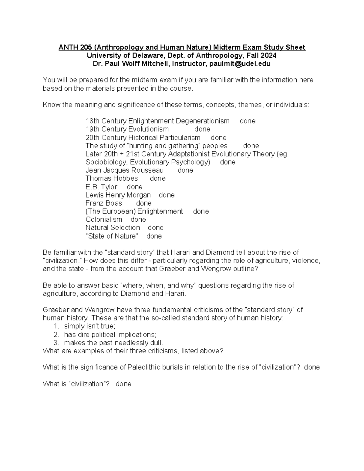 ANTH 205 Midterm Exam Study Guide - Fall 2024 Overview - Studocu