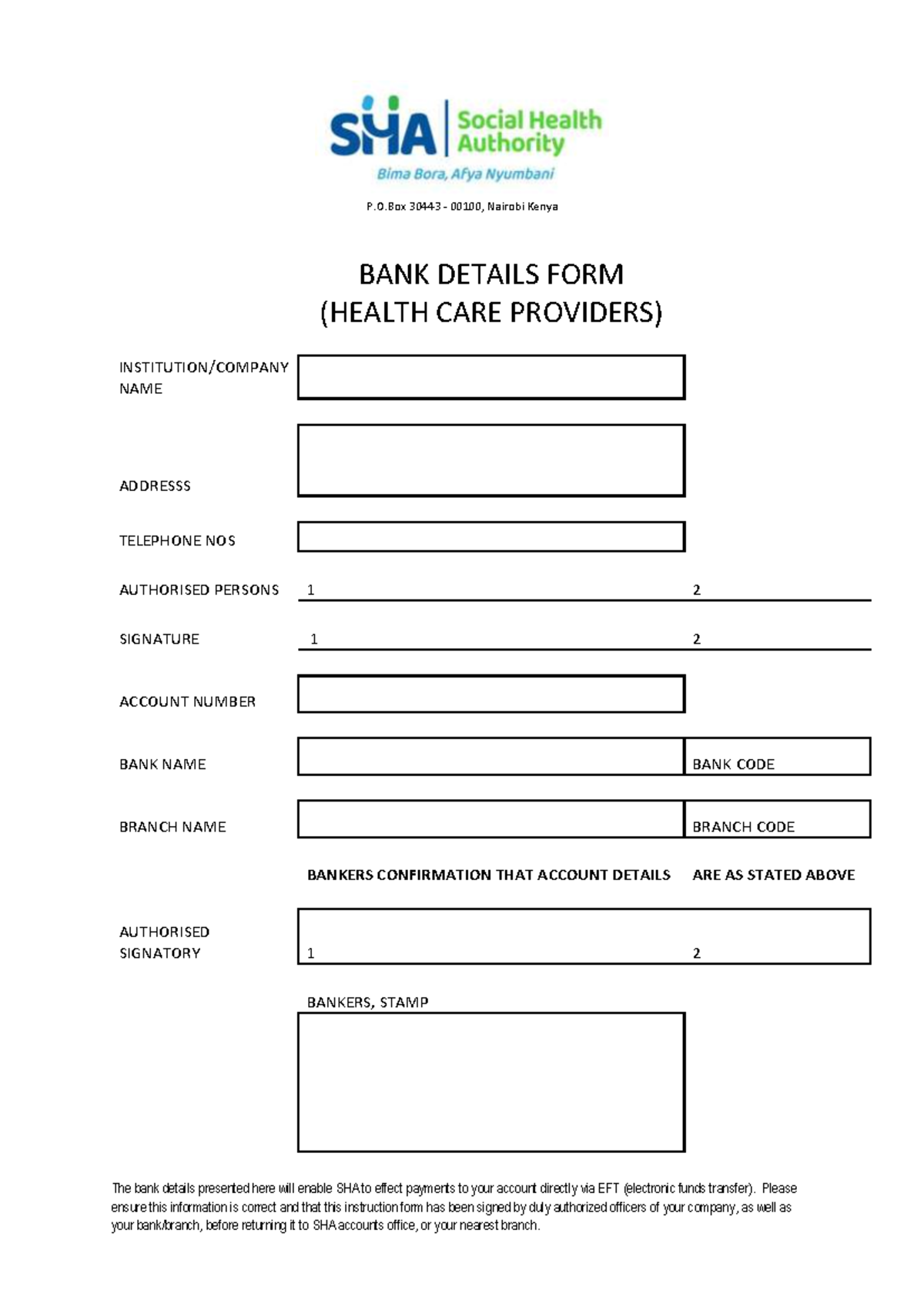 BANK DETAILS FORM FOR HEALTH CARE PROVIDERS - P.O 30443 - Studocu