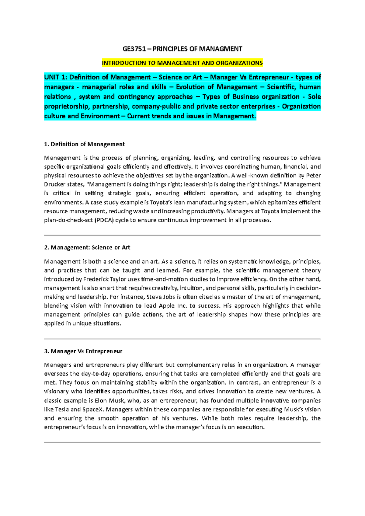 Lecture Notes GE3751 - Principles of Management Unit 1 Overview - Studocu