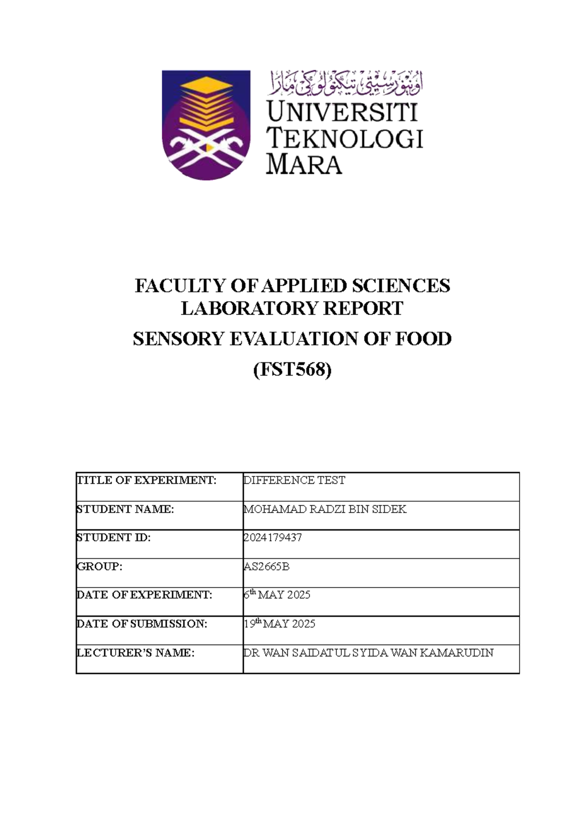 FST568 Practical 1: Sensory Evaluation Difference Tests Report - Studocu
