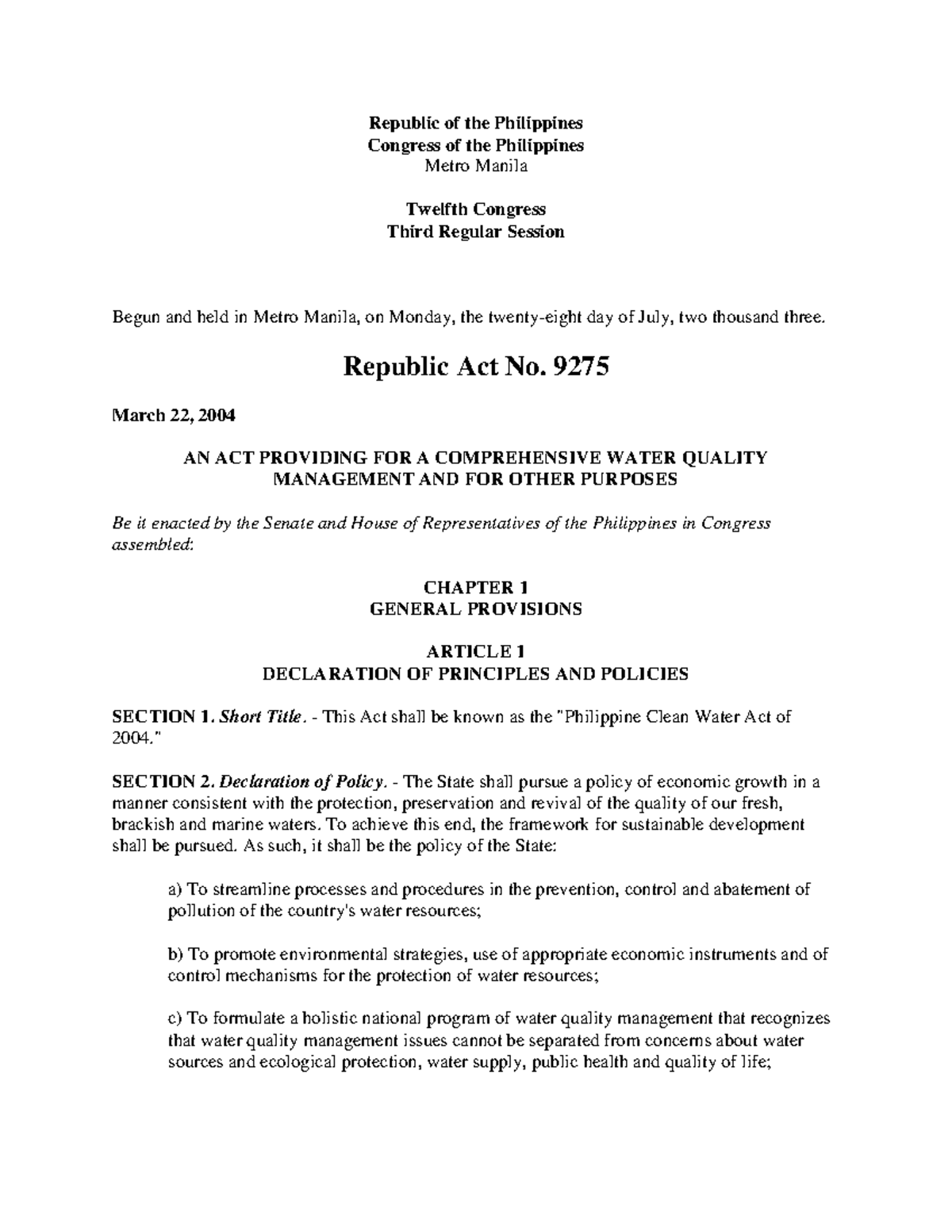 RA 9275: Overview of the Philippine Clean Water Act of 2004 - Studocu