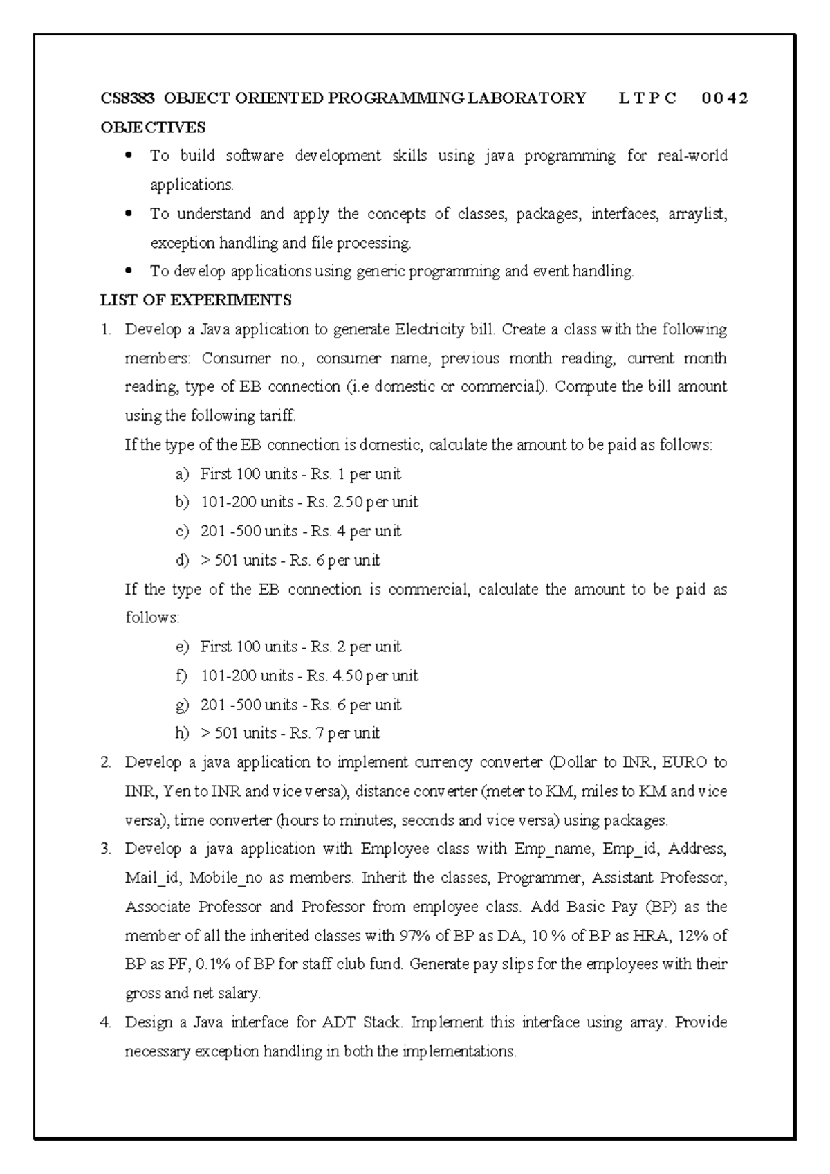 CS8383 OOP Lab Final - Comprehensive Java Programming Manual - Studocu