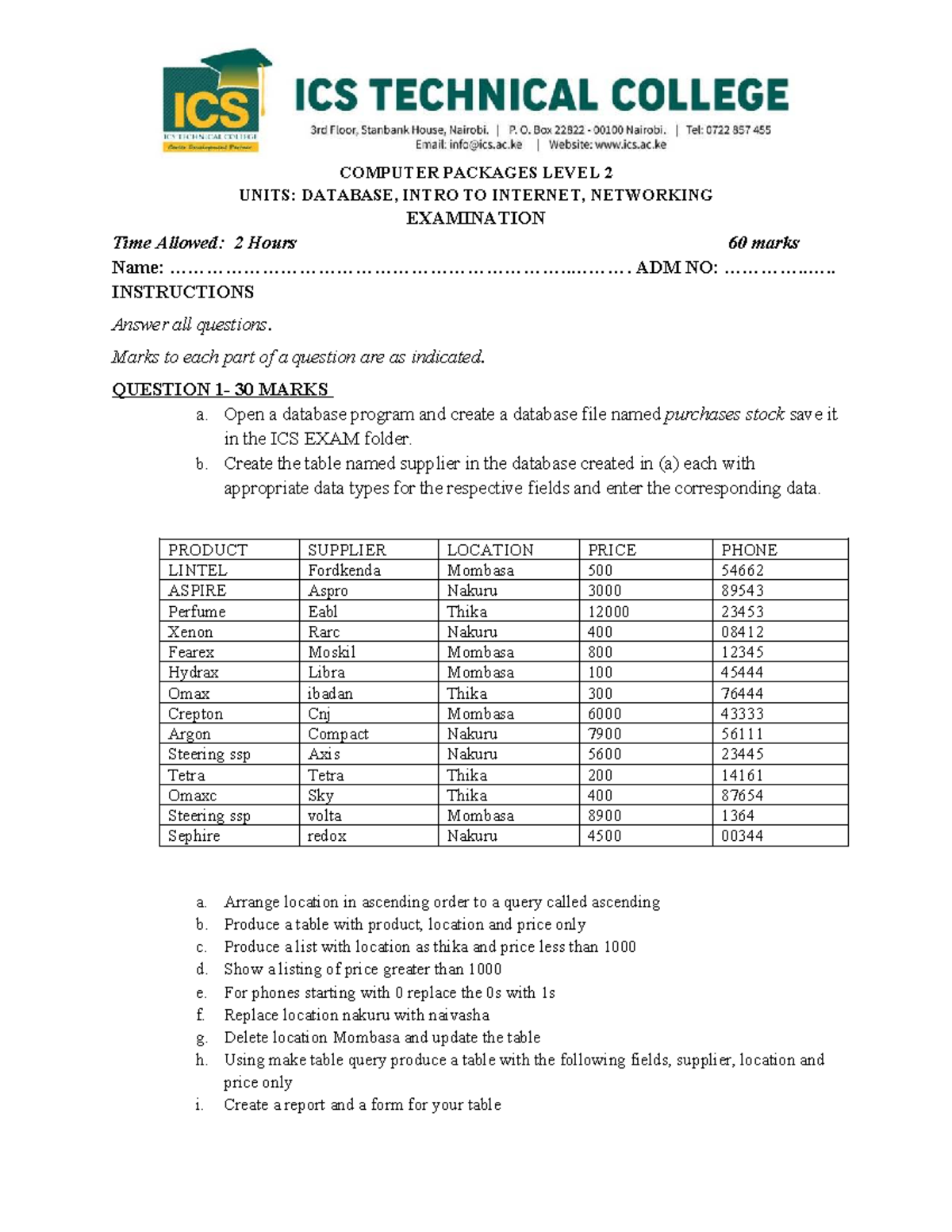Comp Packages Level 2 - Database, Internet & Networking Exam - Studocu