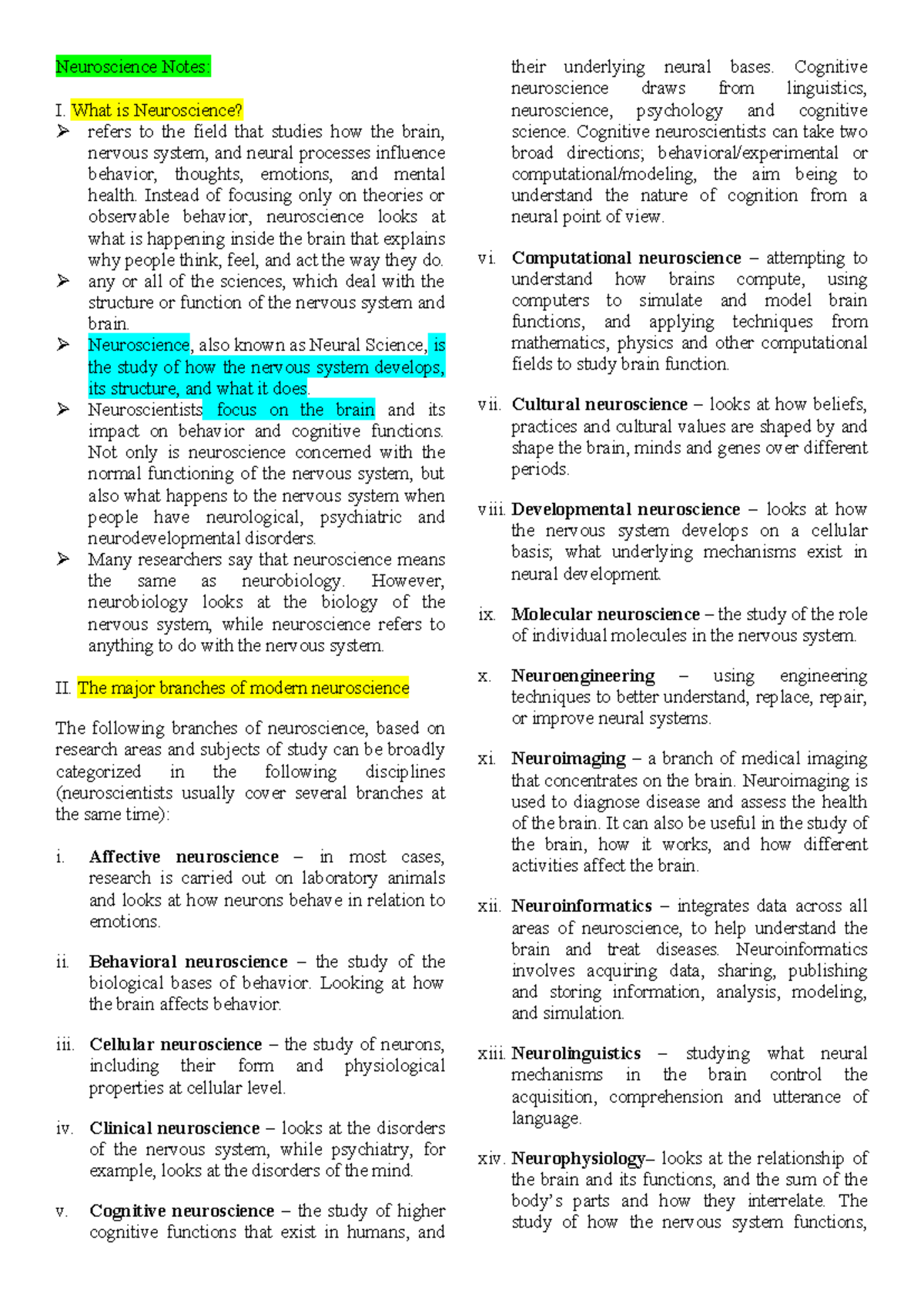 Neuroscience Notes: Overview of Key Concepts and Branches - Studocu