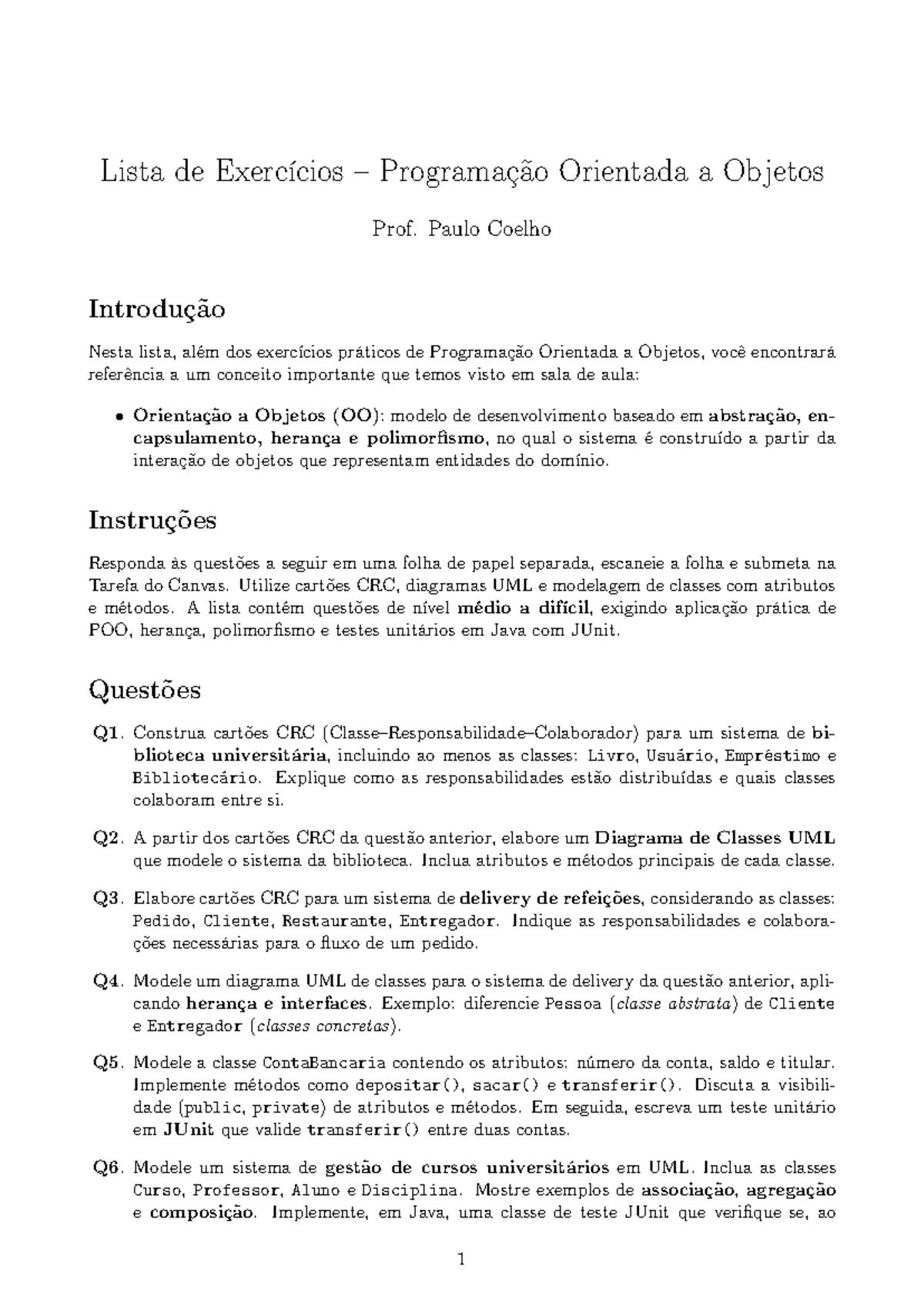 PUC - Lista de Exercícios de POO com JUnit e UML - Studocu