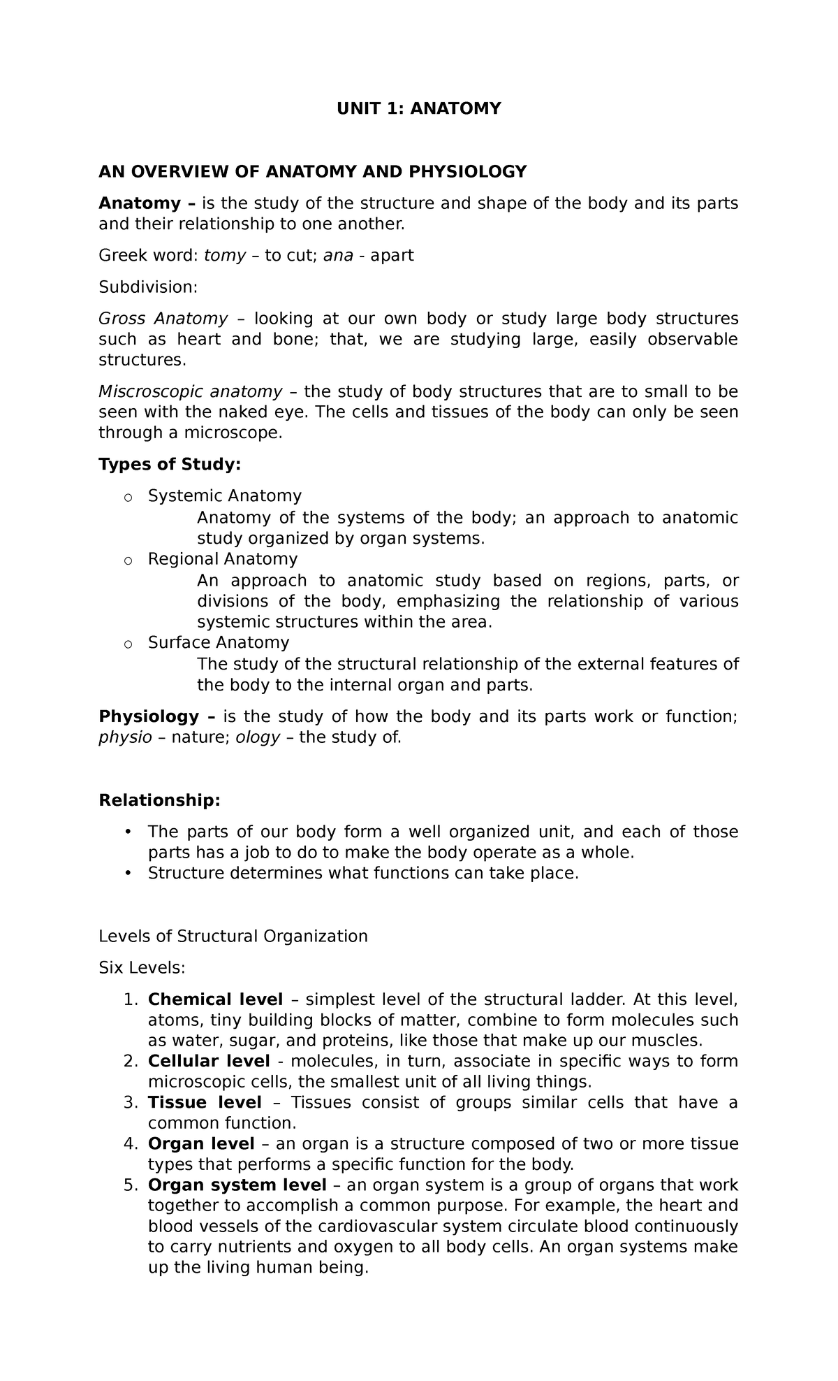 Anaphy Reviewer - UNIT 1: ANATOMY AN OVERVIEW OF ANATOMY AND PHYSIOLOGY ...