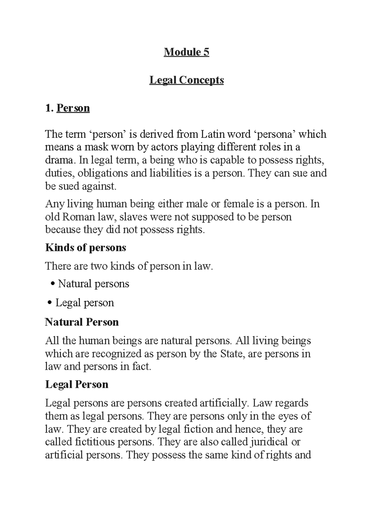 Module 5 - Legal Concepts: Understanding Persons and Rights - Studocu