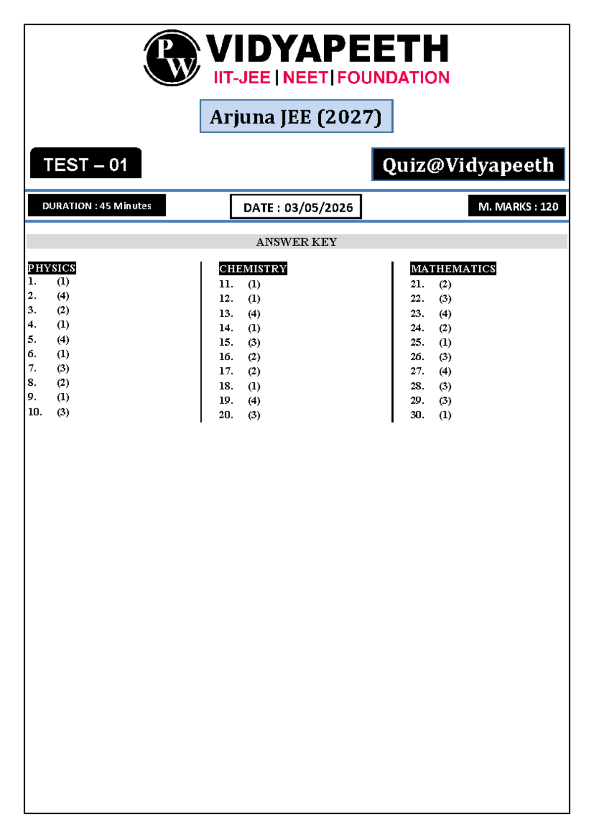 Arjuna JEE (2027) Quiz Test-1 Solutions for Class 11 - Studocu