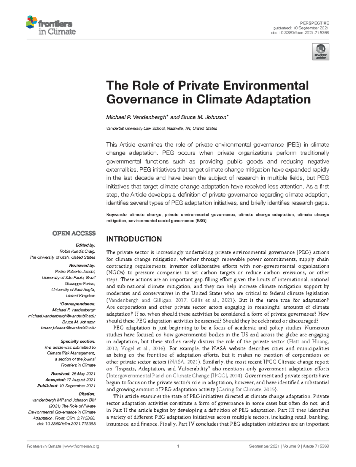 The Role of Private Environmental Governance in Climate Adaptation ...