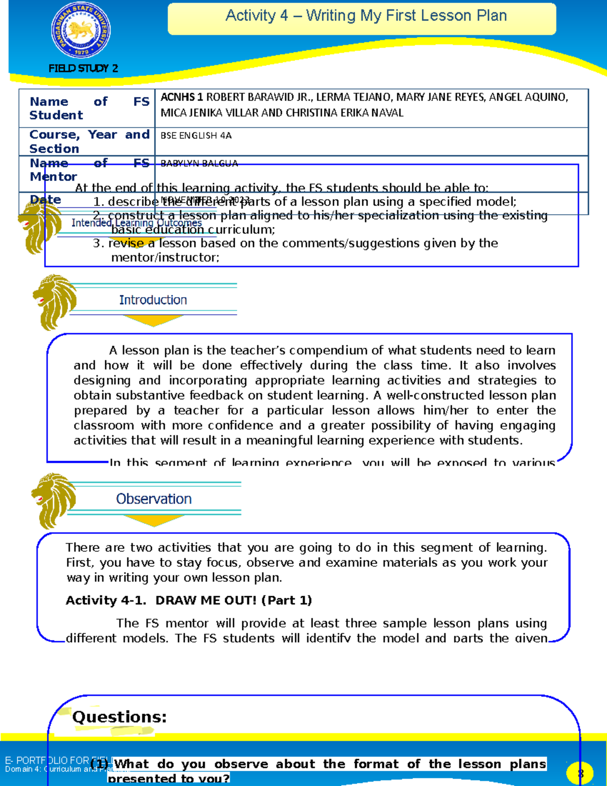 FS 2 E-Portfolio: Lesson Planning & Curriculum Insights - Studocu