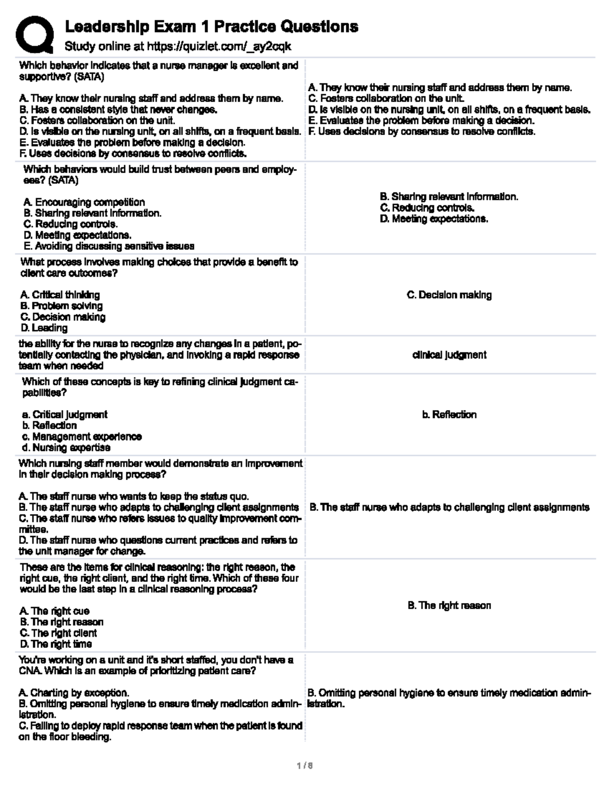 Leadership Exam 1 Practice Questions and Key Concepts - Studocu