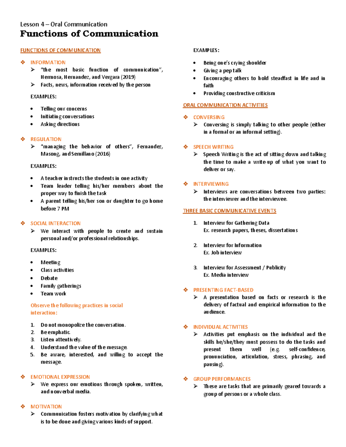 4 - Oral Communication: Functions and Activities Overview - Studocu