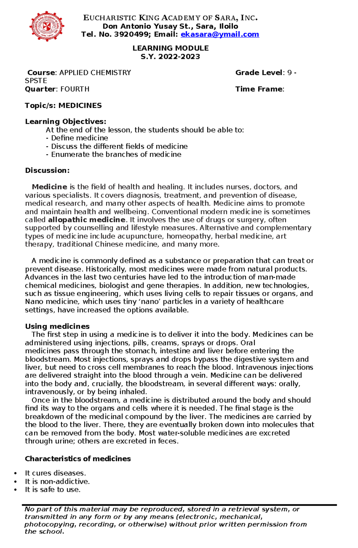 Applied Chemistry 9 - Module on Medicines and Prescription Drugs - Studocu