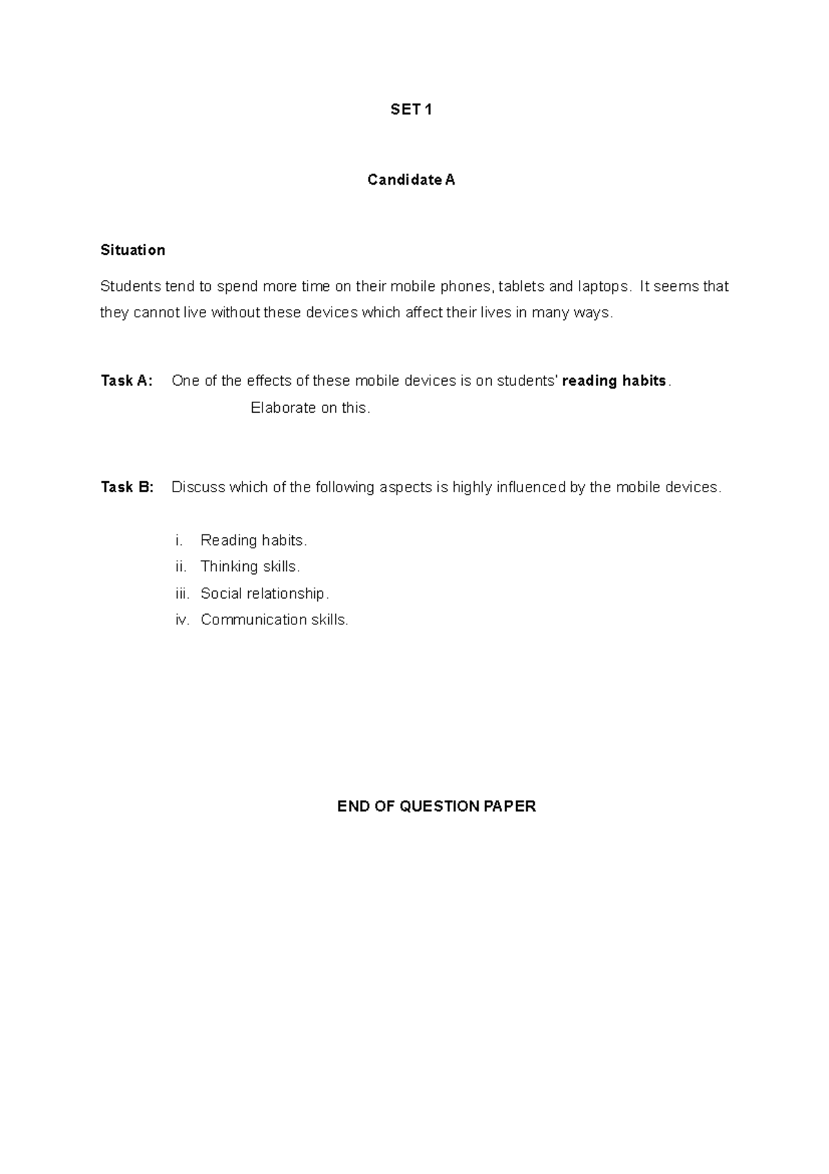 ELC 151 ( Speaking TEST)-example for speaking test paper - Candidate A ...