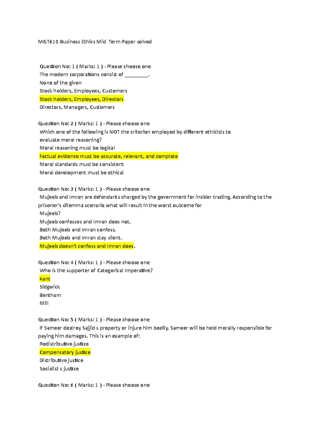 MGT610 Business Ethics - Quiz Solved MCQs and Key Concepts - Studocu