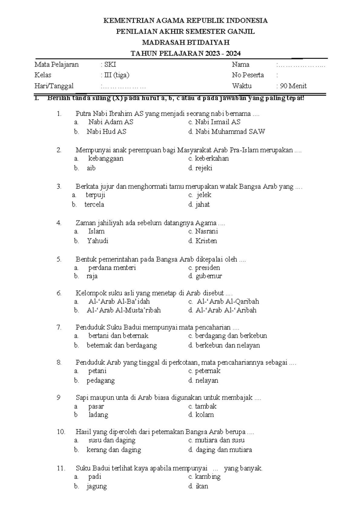 Soal Pas SKI Kelas 2: Penilaian Akhir Semester Ganjil 2023-2024 - Studocu