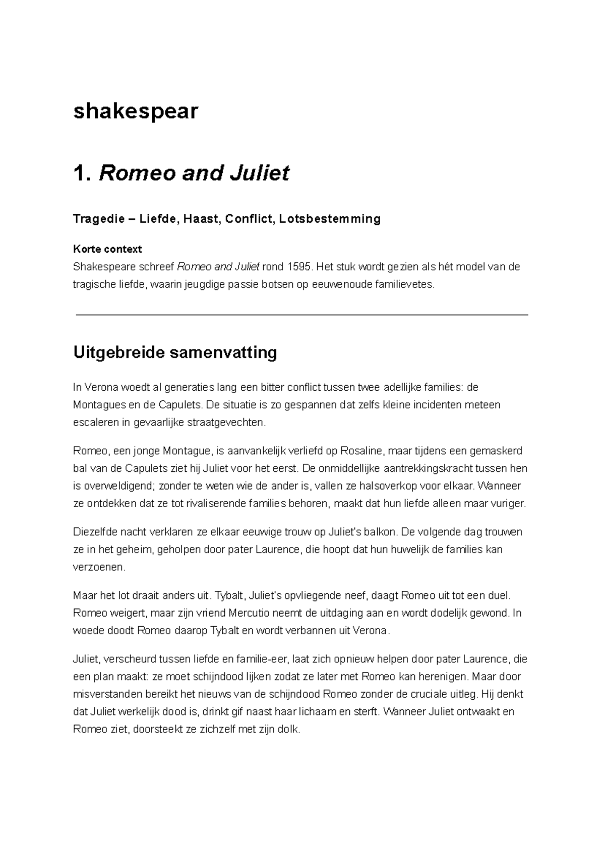 Shakespeare Samenvatting: Romeo en Juliet & Hamlet Tragedies - Studocu