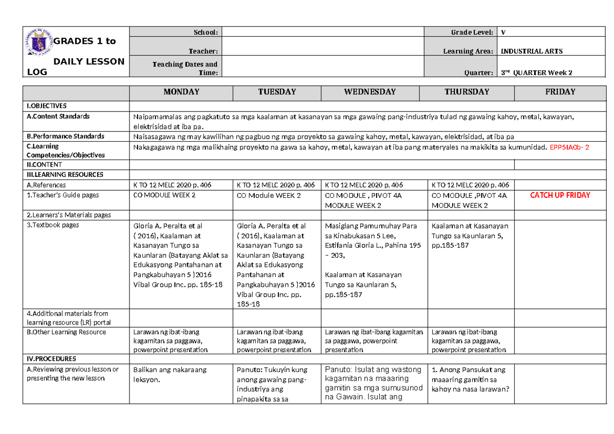 DLL IA Daily Lesson Log Q3 W2: Industrial Arts Curriculum Guide - Studocu