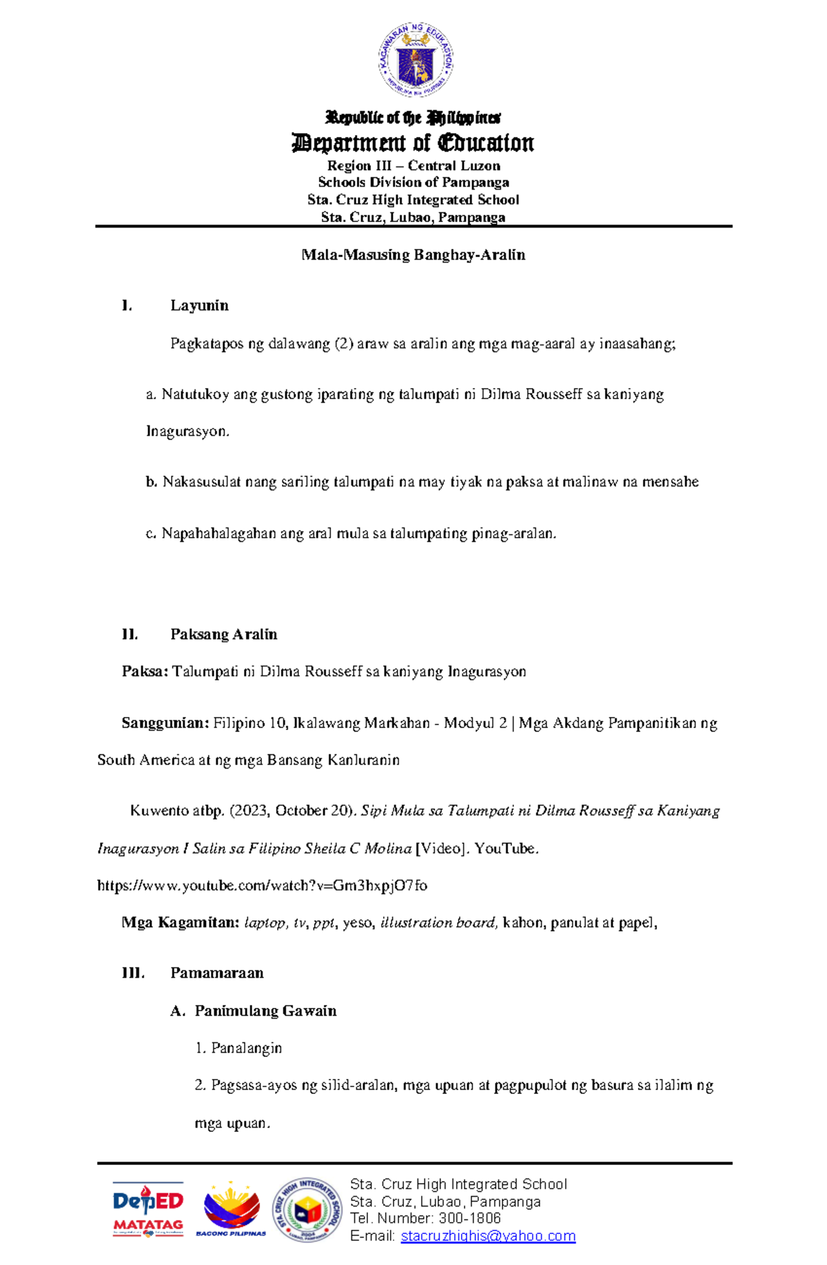Talumpati Lesson Plan (Filipino 10): Pag-aaral sa Inagurasyon ni Dilma ...