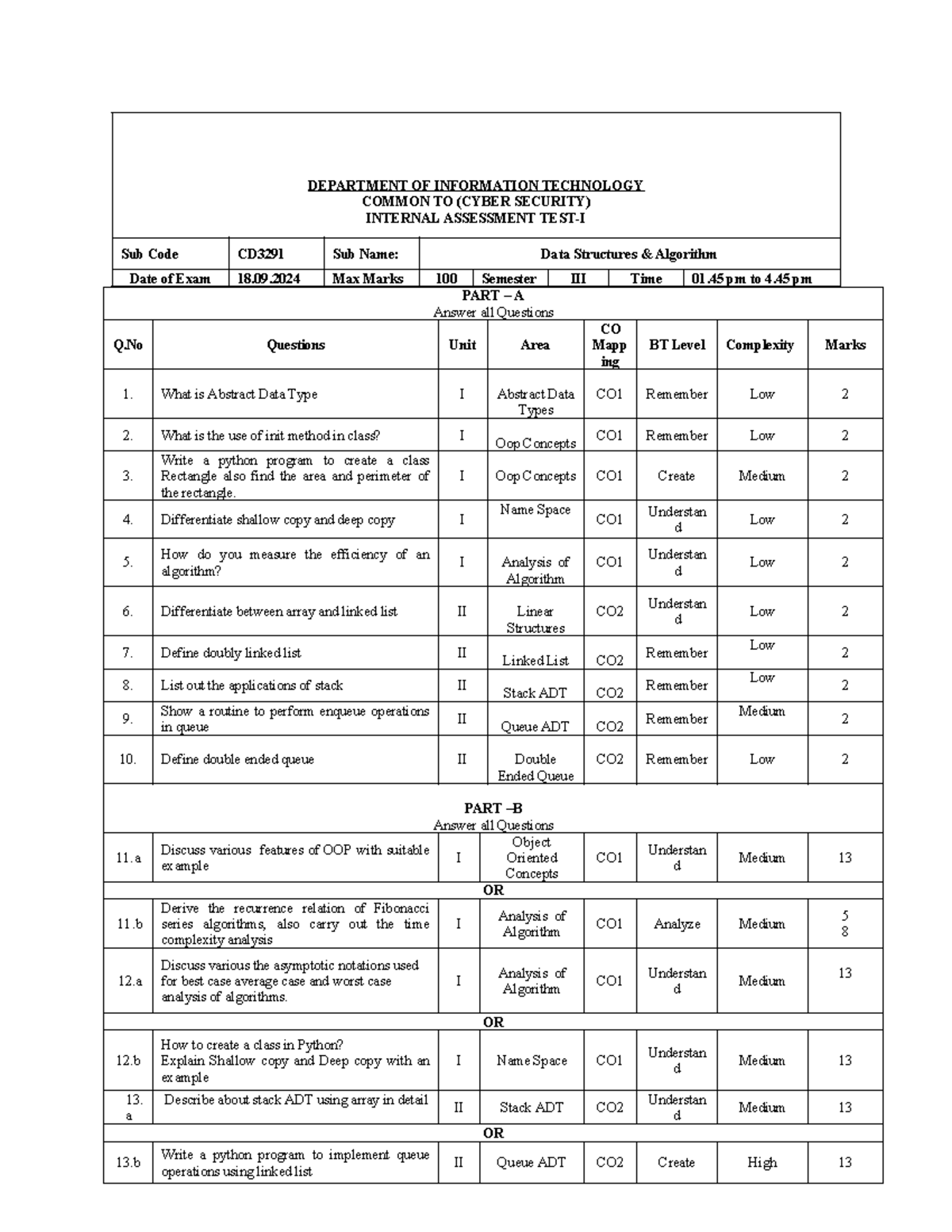 CD3291 Data Structures & Algorithms Internal Assessment Test-I - Studocu