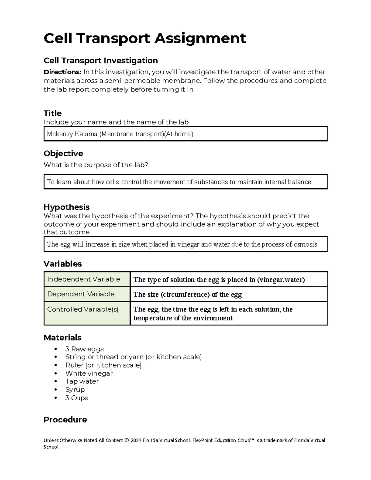 Cell Transport Lab Report (Biology 101) - Osmosis Investigation - Studocu
