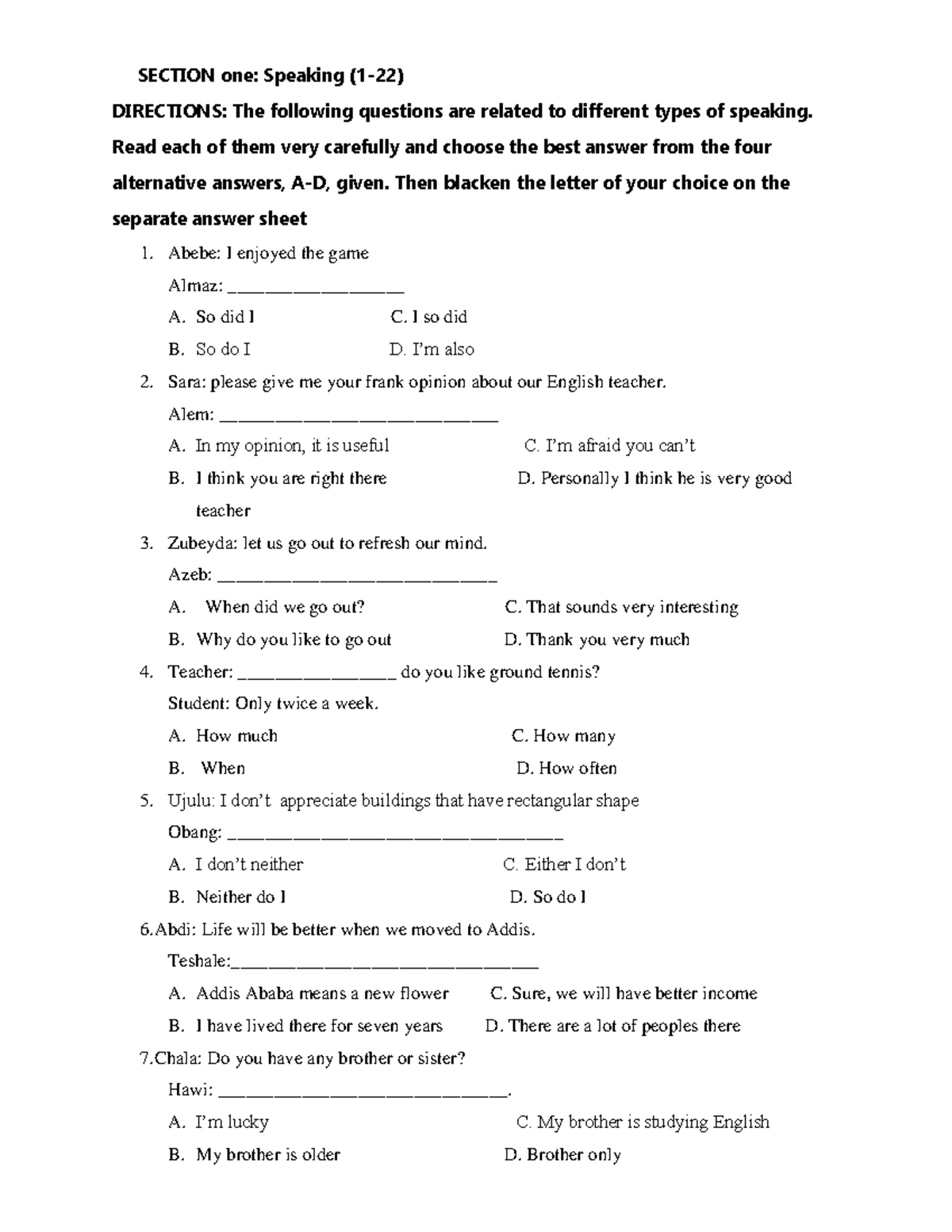English Speaking & Grammar Practice: Section One & Two (ENG101) - Studocu