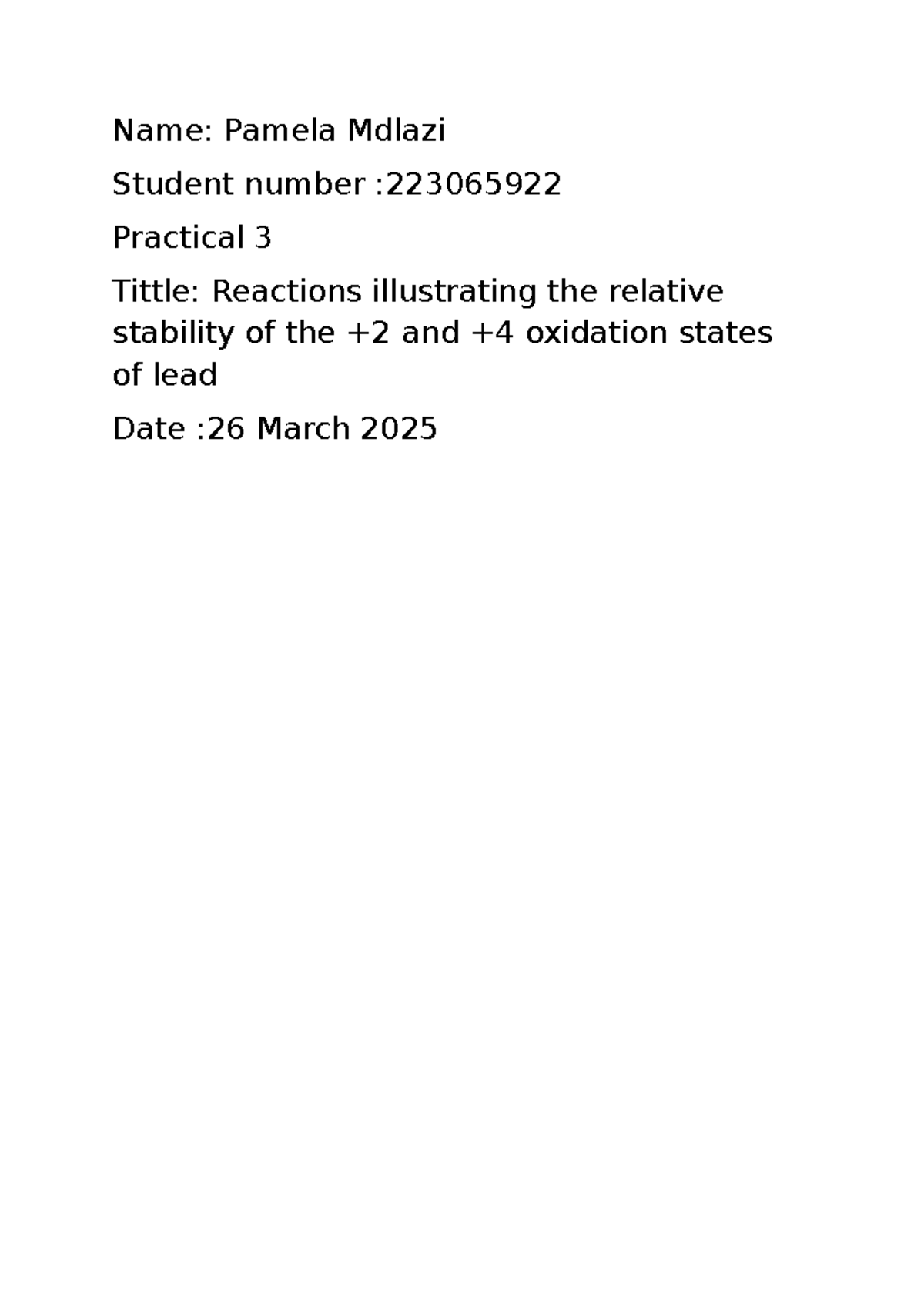CHEM 210 PRAC 3 - Reactions of Lead Oxidation States Stability - Studocu
