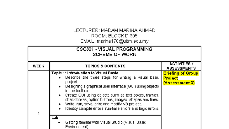 CSC301 Visual Programming Scheme of Work (Oct-March 2025) - Studocu