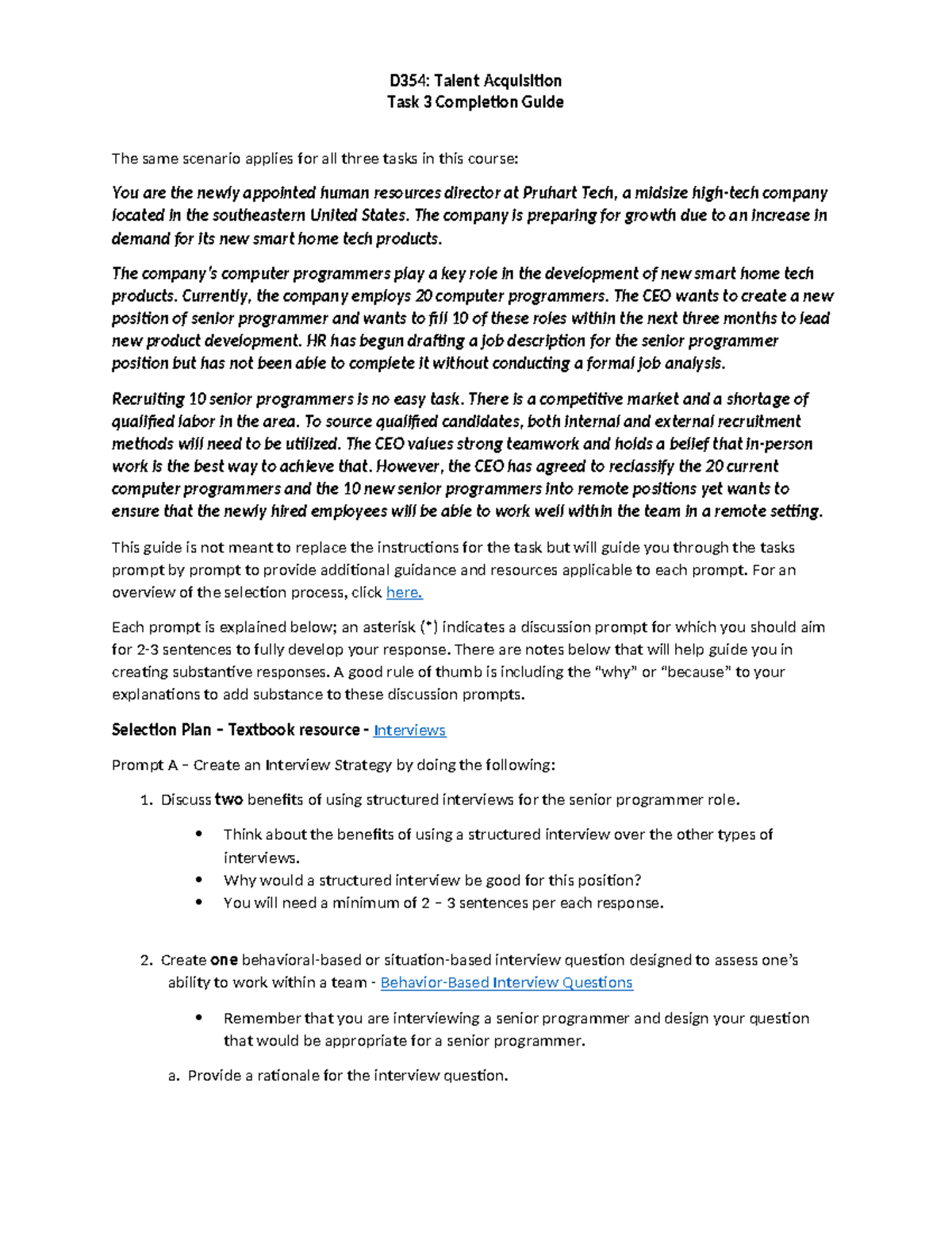 D354 Task 3 Completion Guide for Senior Programmer Recruitment - Studocu