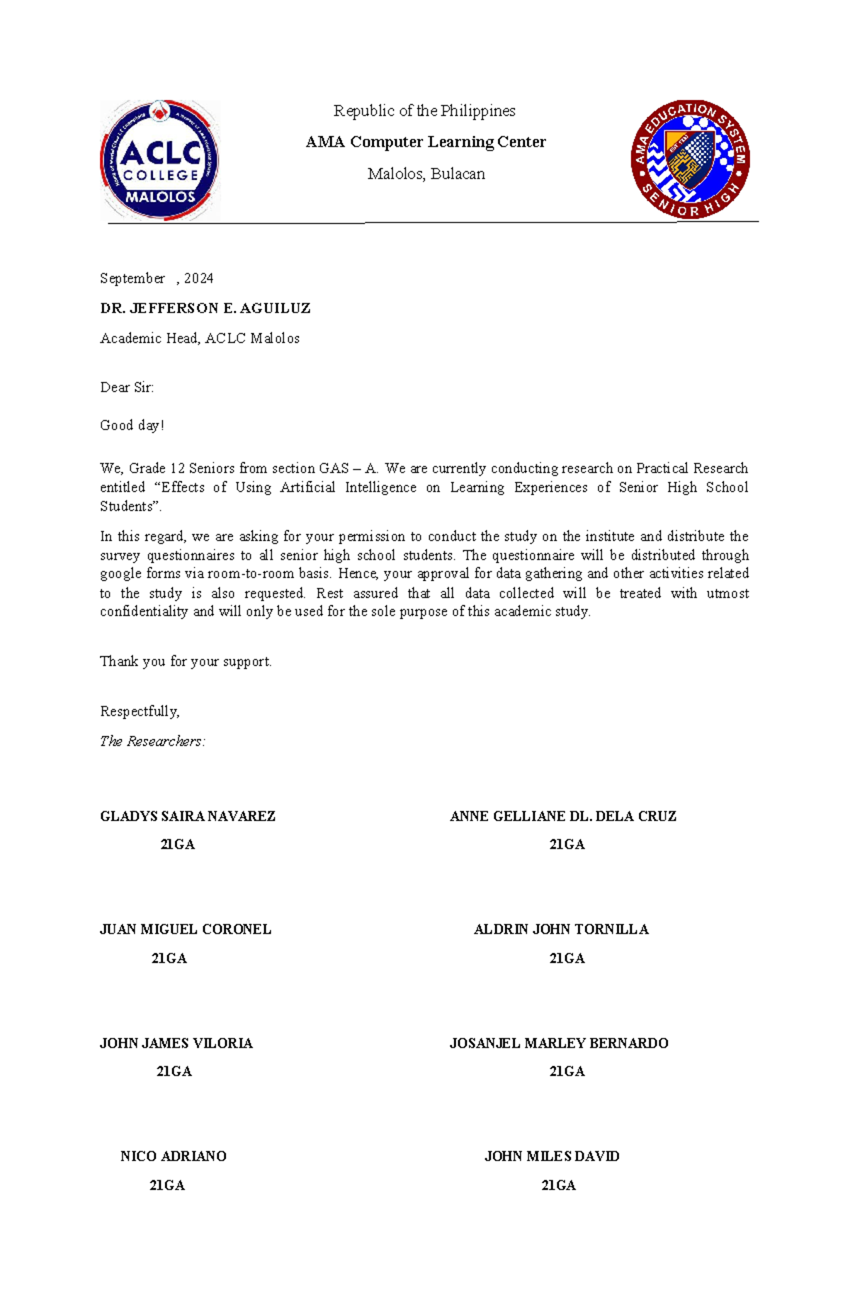 Consent letters - Republic of the Philippines AMA Computer Learning ...