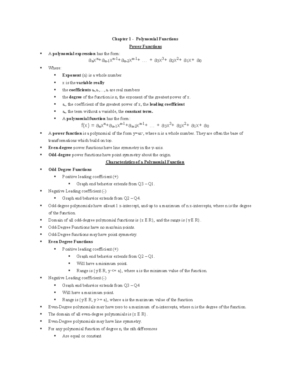 Unit 1 Summary Notes: Polynomial Functions in Advanced Math - Studocu