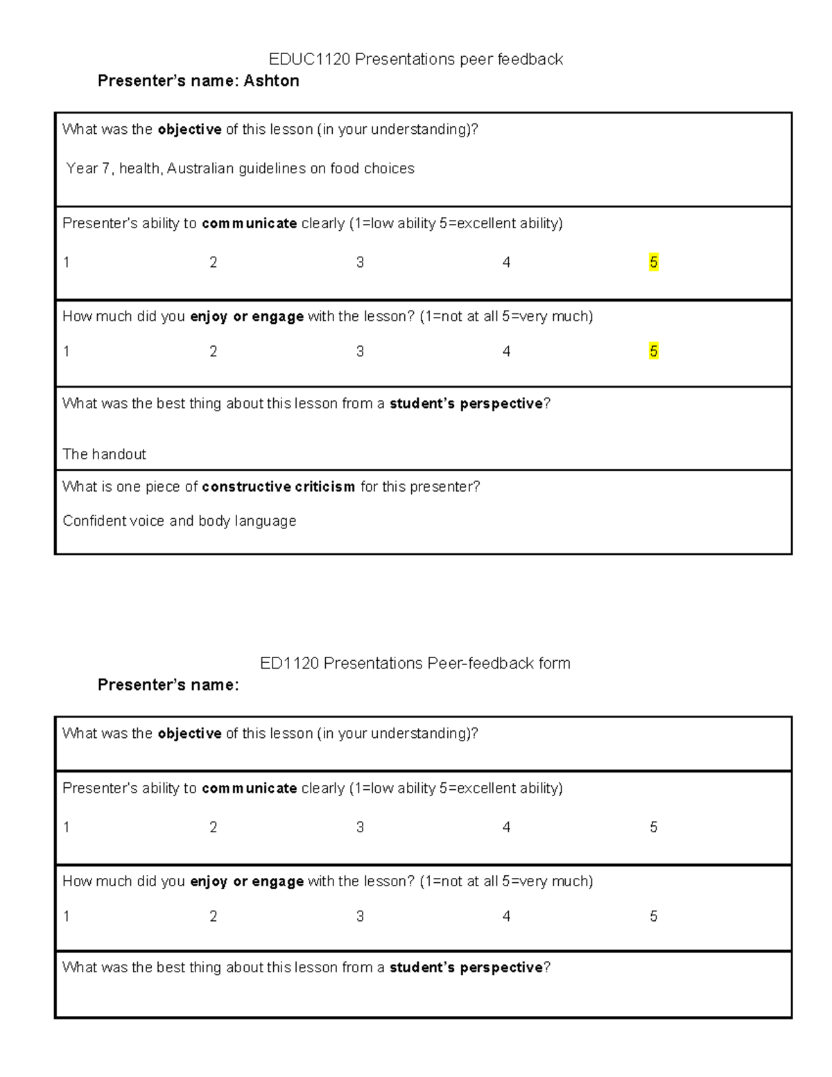 EDUC1120 Peer Feedback on Presentations: Ashton’s Lesson Review - Studocu