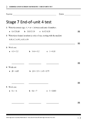Mathematics Stage 7 Sample Paper 1 Mark Scheme (UCLES 2020) - Studocu