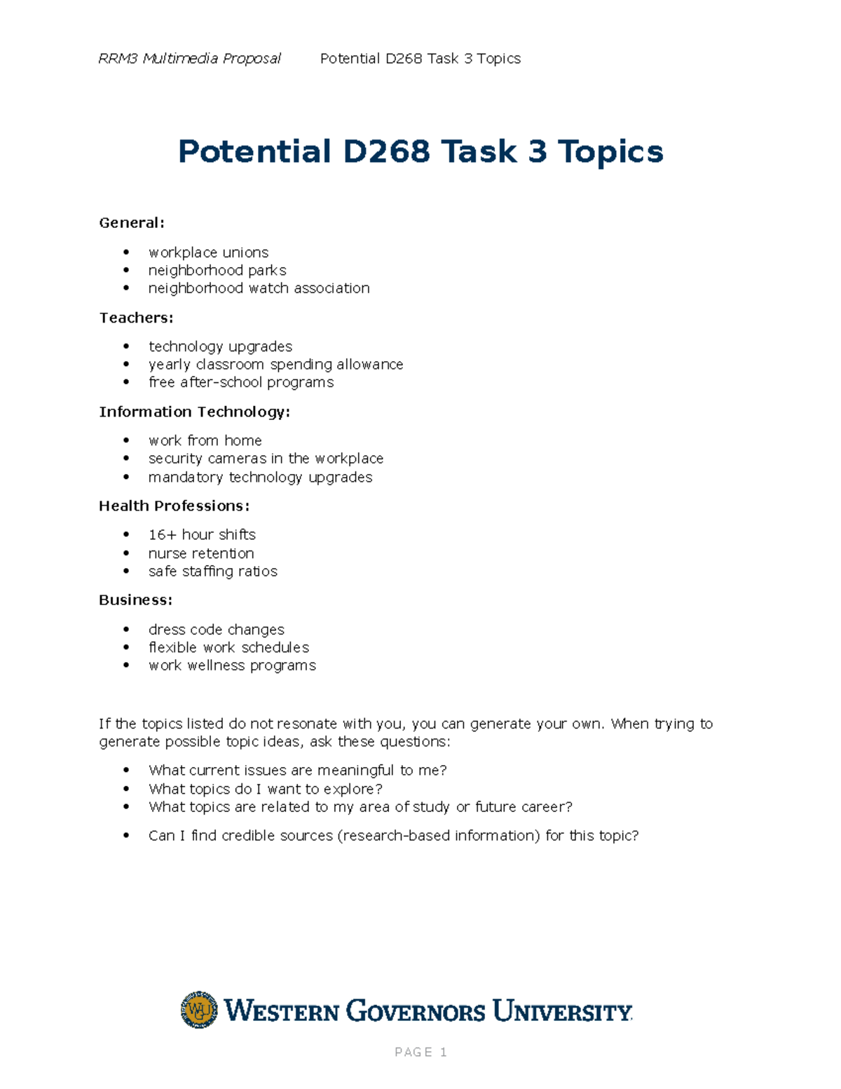 D268 Task 3 Potential Topics for Multimedia Proposals - Studocu