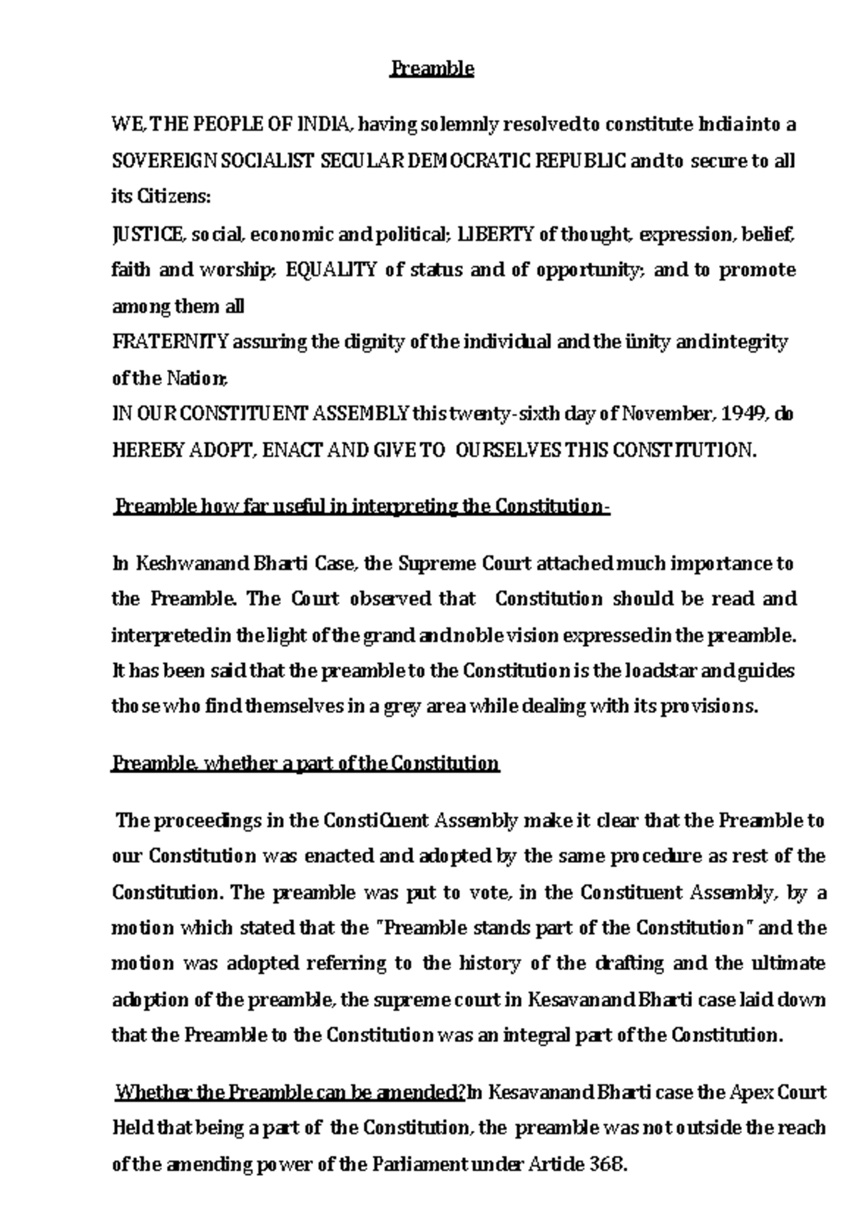 K1002 Constitution Law English Notes - Preamble WE, THE PEOPLE OF INDIA ...