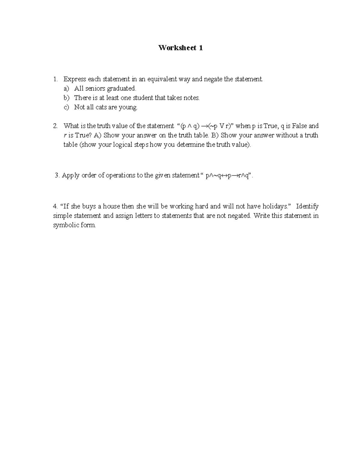 Class Activity Logic 1 Worksheet W2026: Statements & Negations - Studocu
