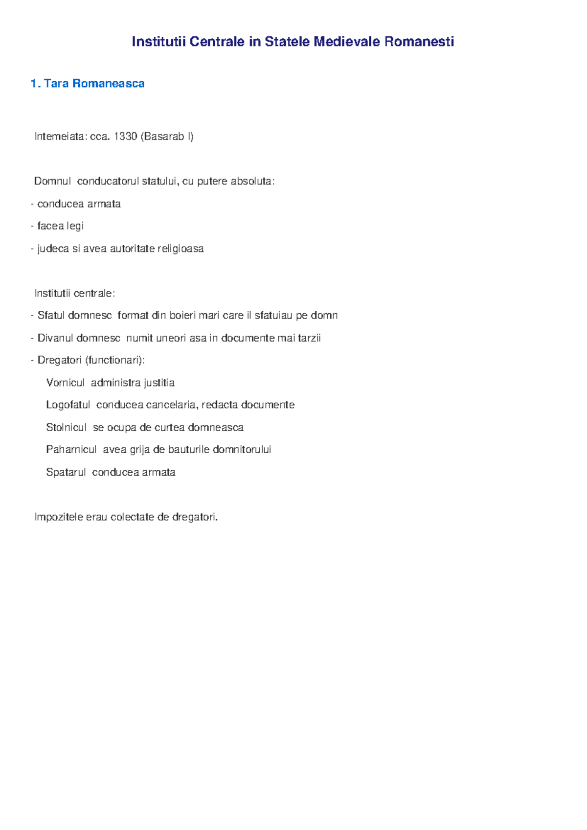 Institutii Centrale in Statele Medievale Romanesti: Tara Romaneasca si ...